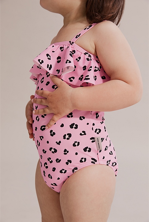 Pale Pink Recycled Nylon Leopard Frill Bather - Swimwear | Country Road