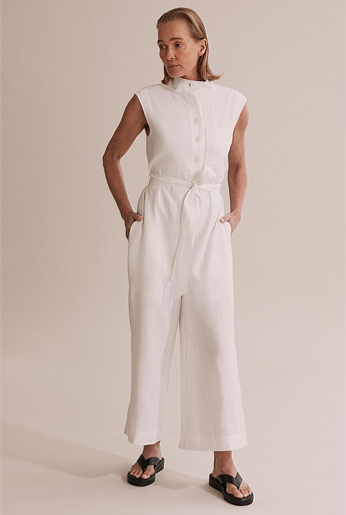 Antique White Organically Grown French Linen Sleeveless Boiler Suit ...