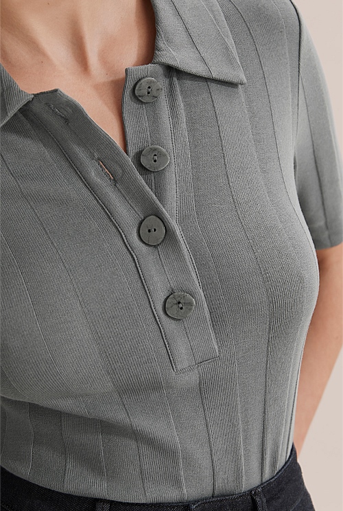 Slate Cotton Modal Rib Polo - T-Shirts & Tops | Country Road