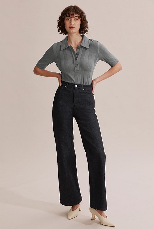 Slate Cotton Modal Rib Polo - T-Shirts & Tops | Country Road