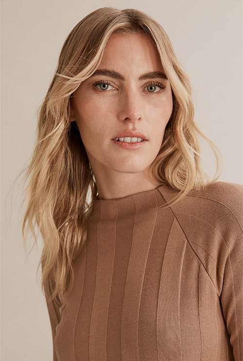 Camel Self Stripe Rib Dress - Dresses | Country Road