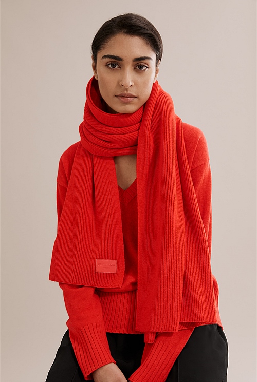 Chilli Red Branded Rib Knit Scarf - Hats, Scarves & Gloves | Country Road