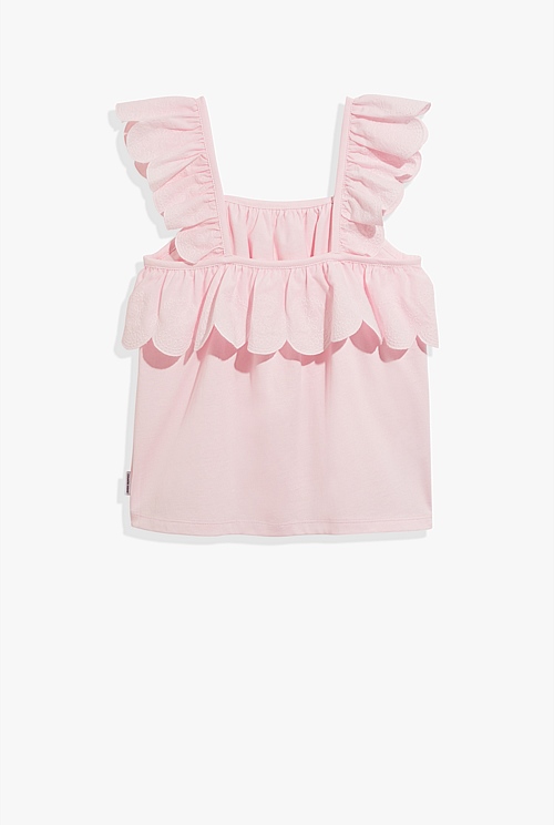 Pale Pink Australian Cotton Scallop Frill Tank - T-Shirts | Country Road