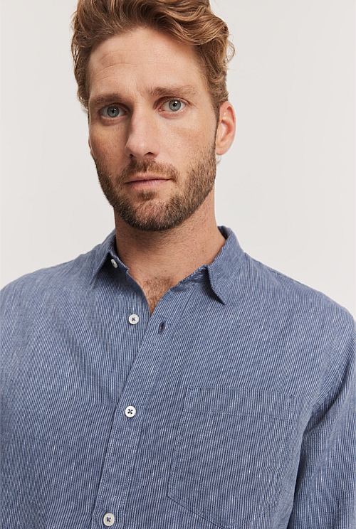 Navy Regular Fit Organically Grown Linen Textured Shirt - Natural ...