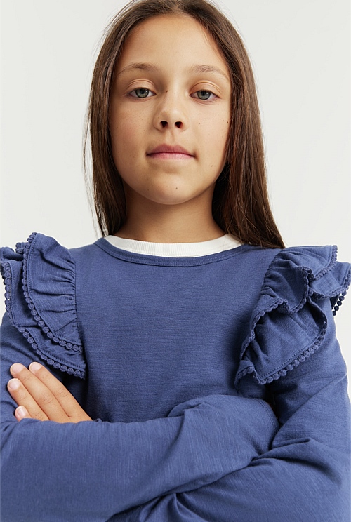 French Blue Organically Grown Cotton Slub Frill T-Shirt - T-Shirts ...