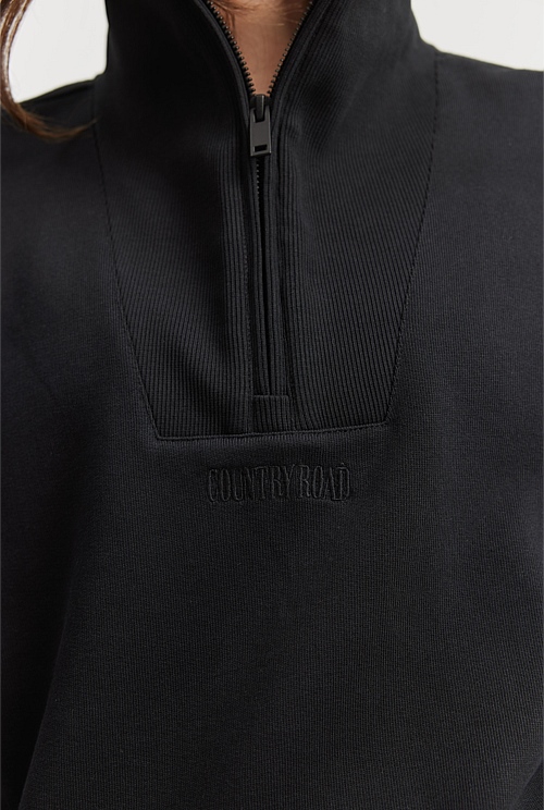 Black Australian Cotton Zip Collar Rib Sweat - Sweats | Country Road
