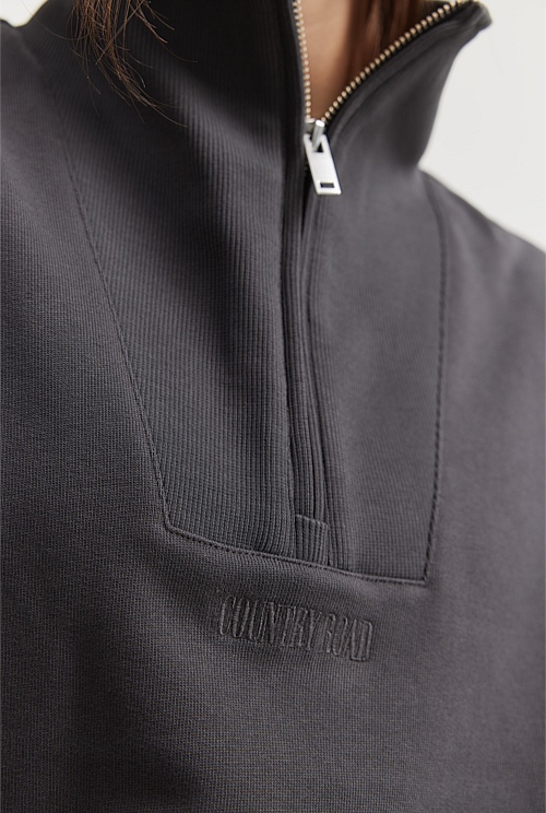 Charcoal Australian Cotton Zip Collar Rib Sweat - Sweats | Country Road