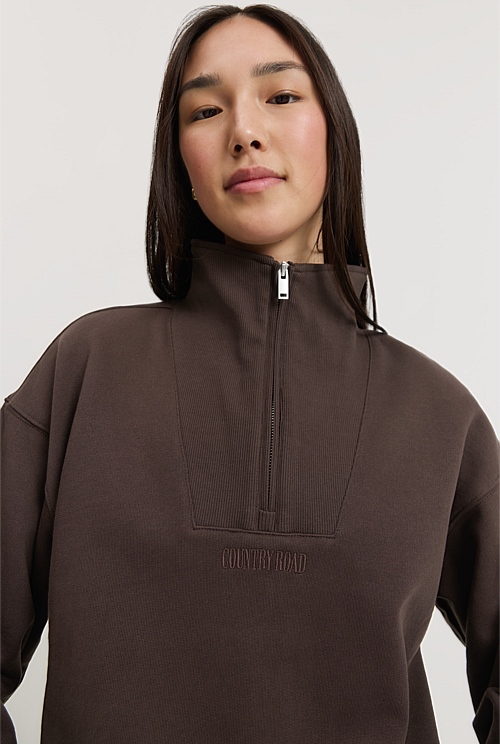 Chocolate Australian Cotton Zip Collar Rib Sweat - Natural Fibres ...