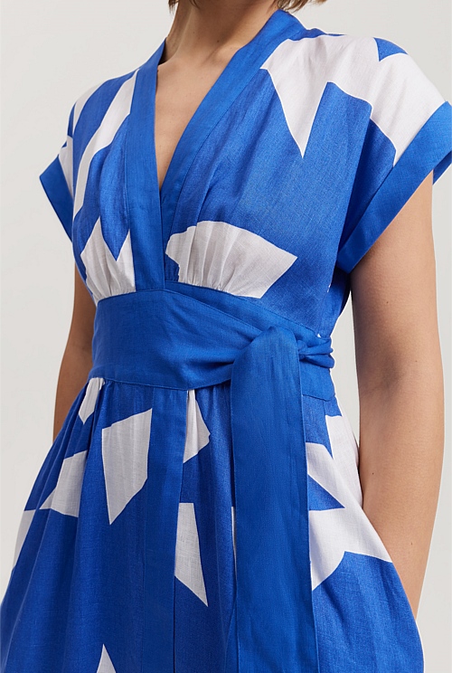 Sapphire Geo Print Organically Grown Linen Print Wrap Midi Dress ...