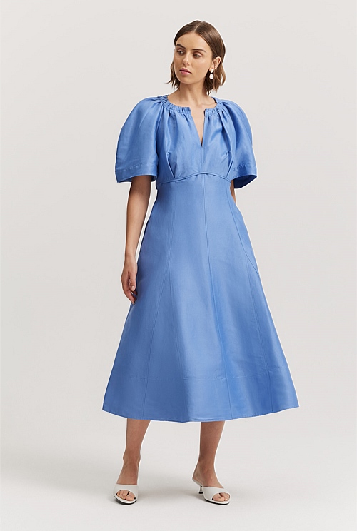 Cornflower Gathered Neckline Midi Dress - Dresses | Country Road