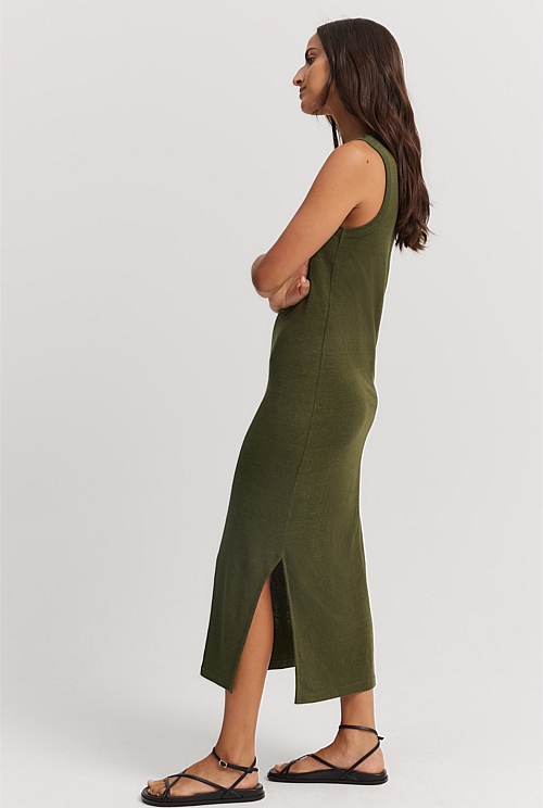 Dark Olive Linen Jersey Dress - Dresses | Country Road