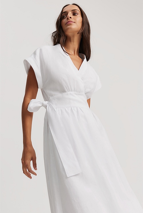 White Organically Grown Linen Wrap Midi Dress - Dresses | Country Road