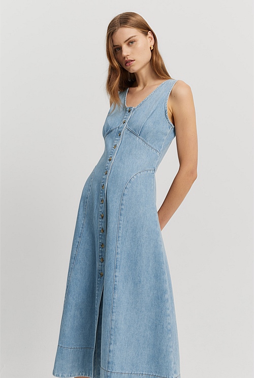 Aged Soft Wash Denim Midi Dress - Natural Fibres | Country Road