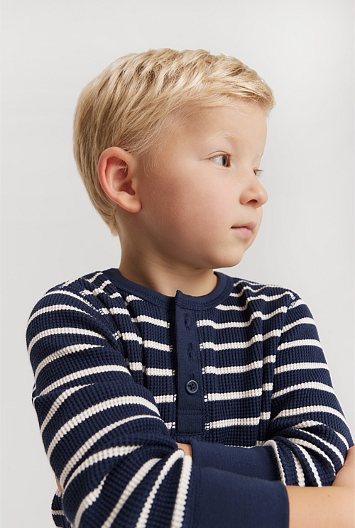 Navy Stripe Organically Grown Cotton Stripe Waffle Henley - T-Shirts ...