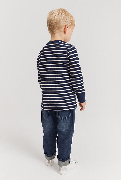 Navy Stripe Organically Grown Cotton Stripe Waffle Henley - T-Shirts ...