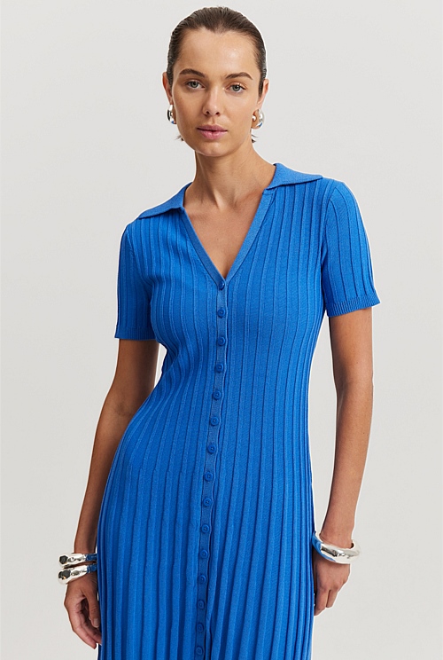 Ocean Blue Pleat Knit Midi Dress - Knitwear | Country Road