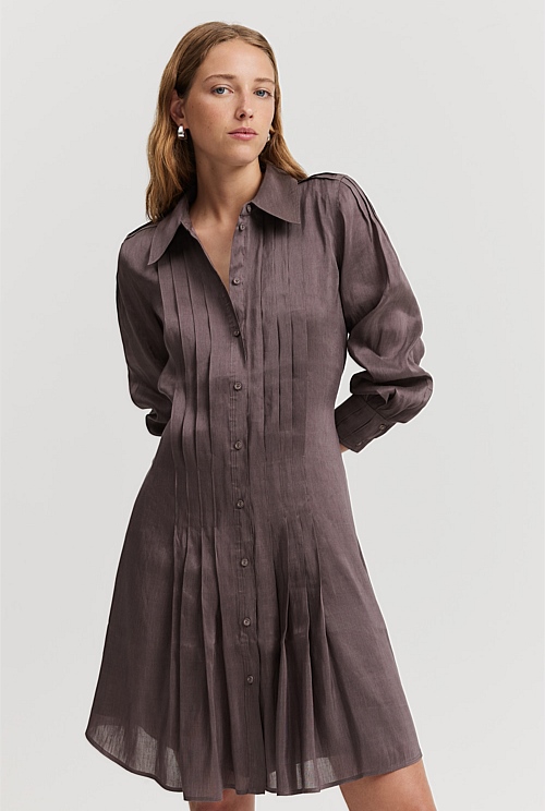 Truffle Pleat Mini Shirt Dress - Natural Fibres | Country Road