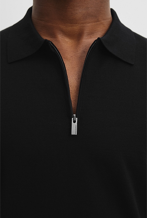 Black Cotton Silk Zip Knit Polo - Natural Fibres | Country Road
