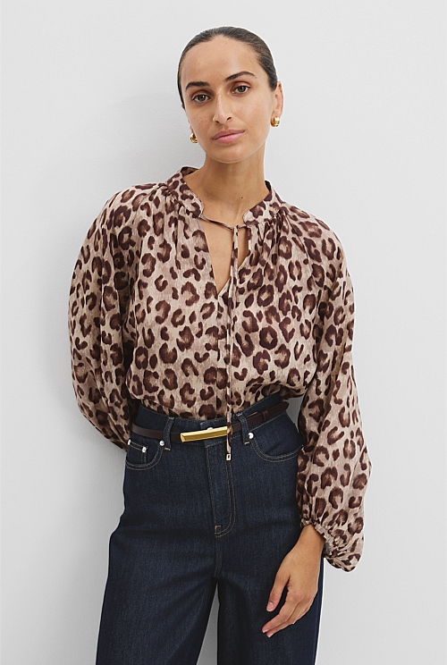 Leopard Print Print Ramie Long Sleeve Blouse - Work | Country Road