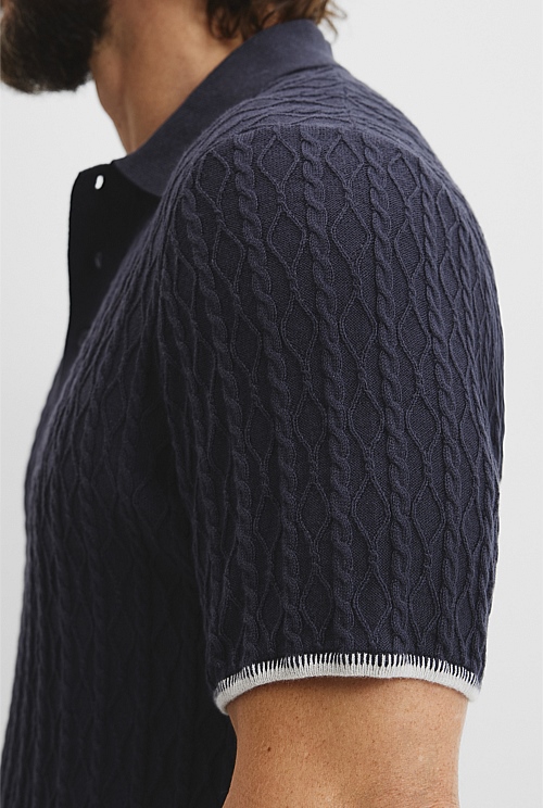 Midnight Blue Cotton Wool Cable Knit Polo - Knitwear | Country Road