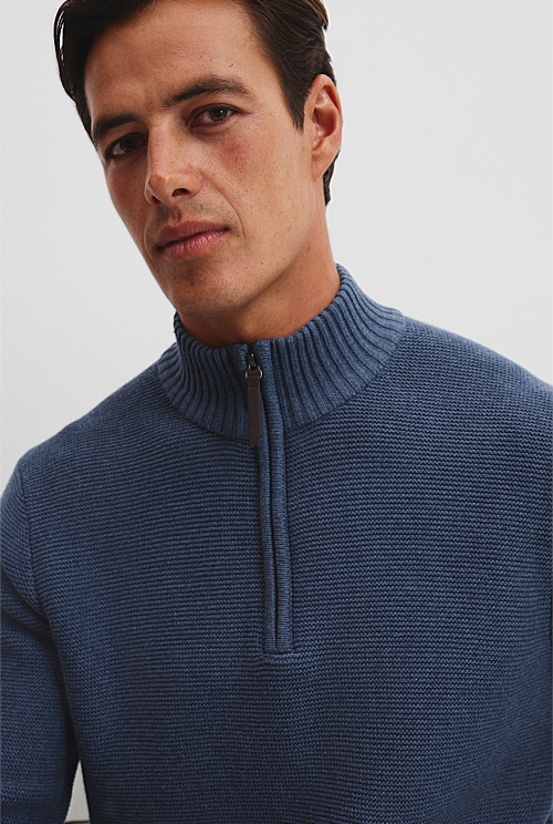 Denim Blue Australian Cotton Half Zip Knit - Knitwear | Country Road