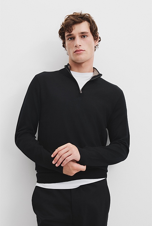 Black Verified Australian Merino Wool Half Zip Knit - Australian Grown ...