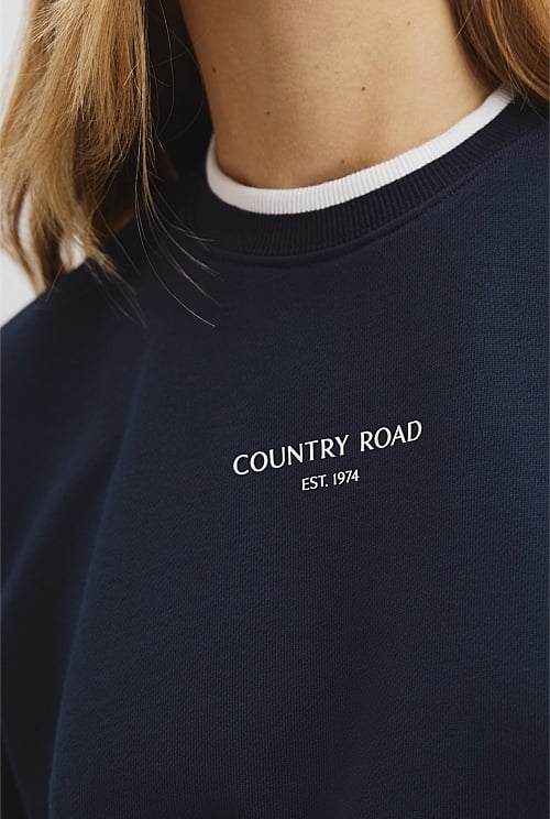 Navy Australian Cotton Contrast Rib Sweat - Sweats | Country Road