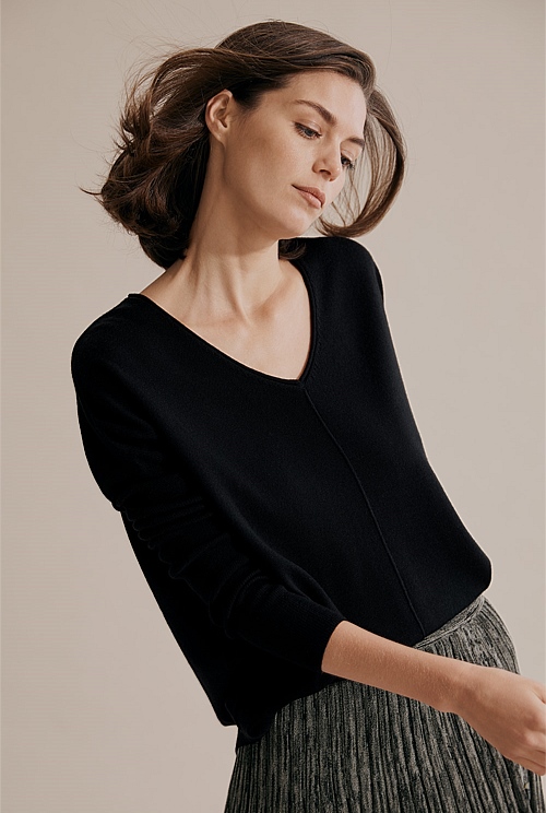 Black Traceable Wool V-Neck Knit - Knitwear | Country Road