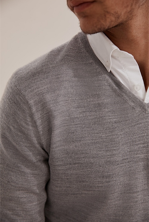 Light Grey Marle Traceable Merino V-Neck Knit - Knitwear | Country Road