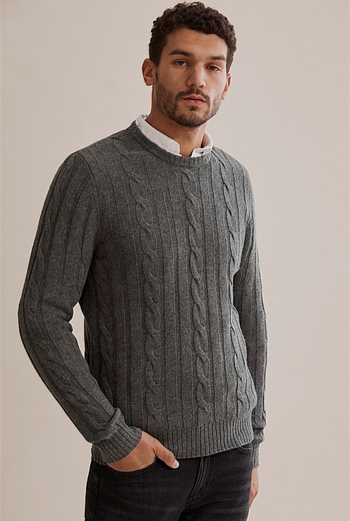 Grey Cable Knit Crew - Knitwear | Country Road