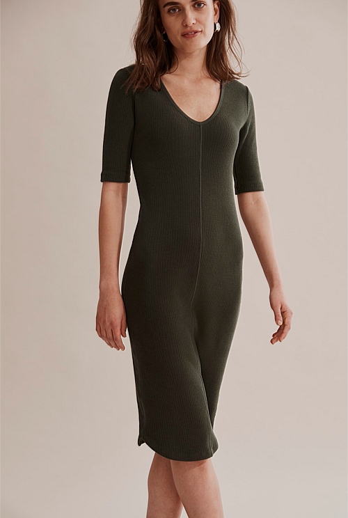 Khaki Rib Dress - Dresses | Country Road