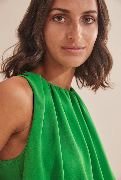 Vivid Green Gathered Neck Shell Top - Shirts | Country Road