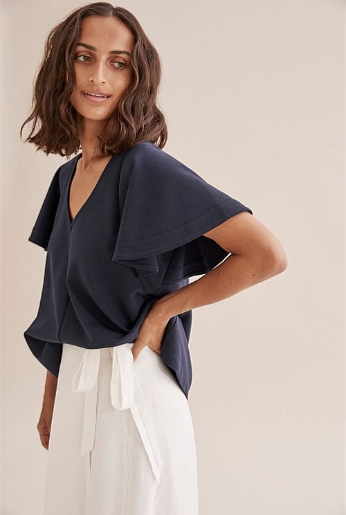Navy Flutter Sleeve T-Shirt - T-Shirts & Tops | Country Road