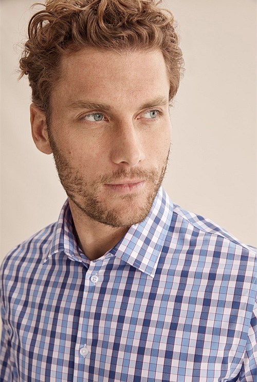 Blue Slim Border Check Travel Shirt - Business Shirts | Country Road