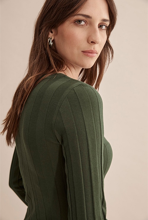 Deep Khaki Self Stripe Rib Dress - Dresses | Country Road