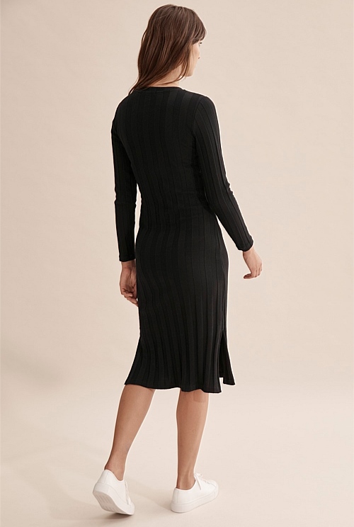 Black Self Stripe Rib Dress - Dresses | Country Road