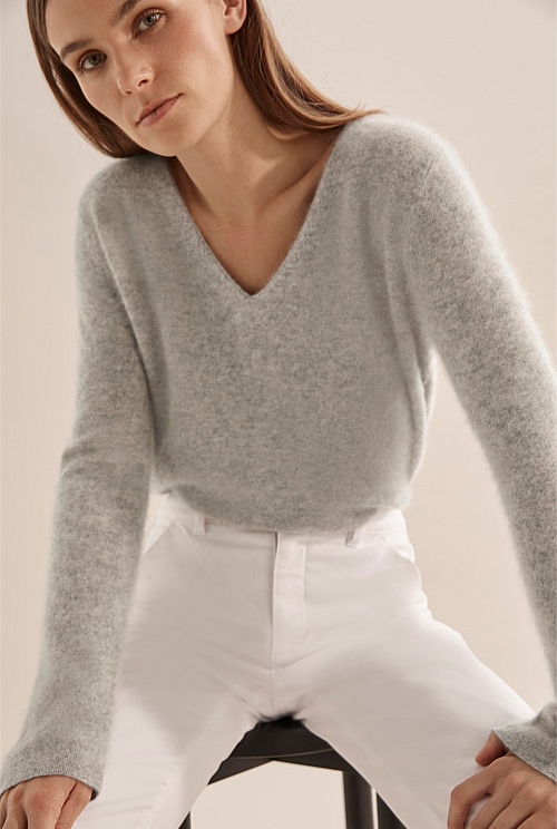 Silver Grey Brushed Cashmere Knit - Knitwear | Country Road