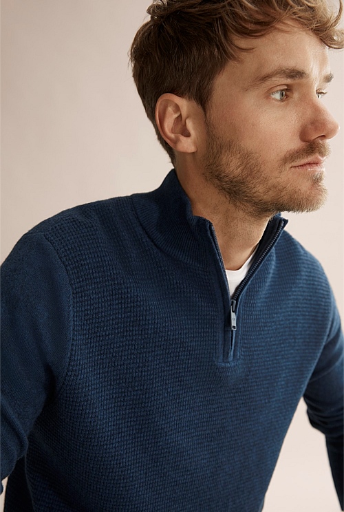 Azure Waffle Half Zip Knit - Knitwear | Country Road